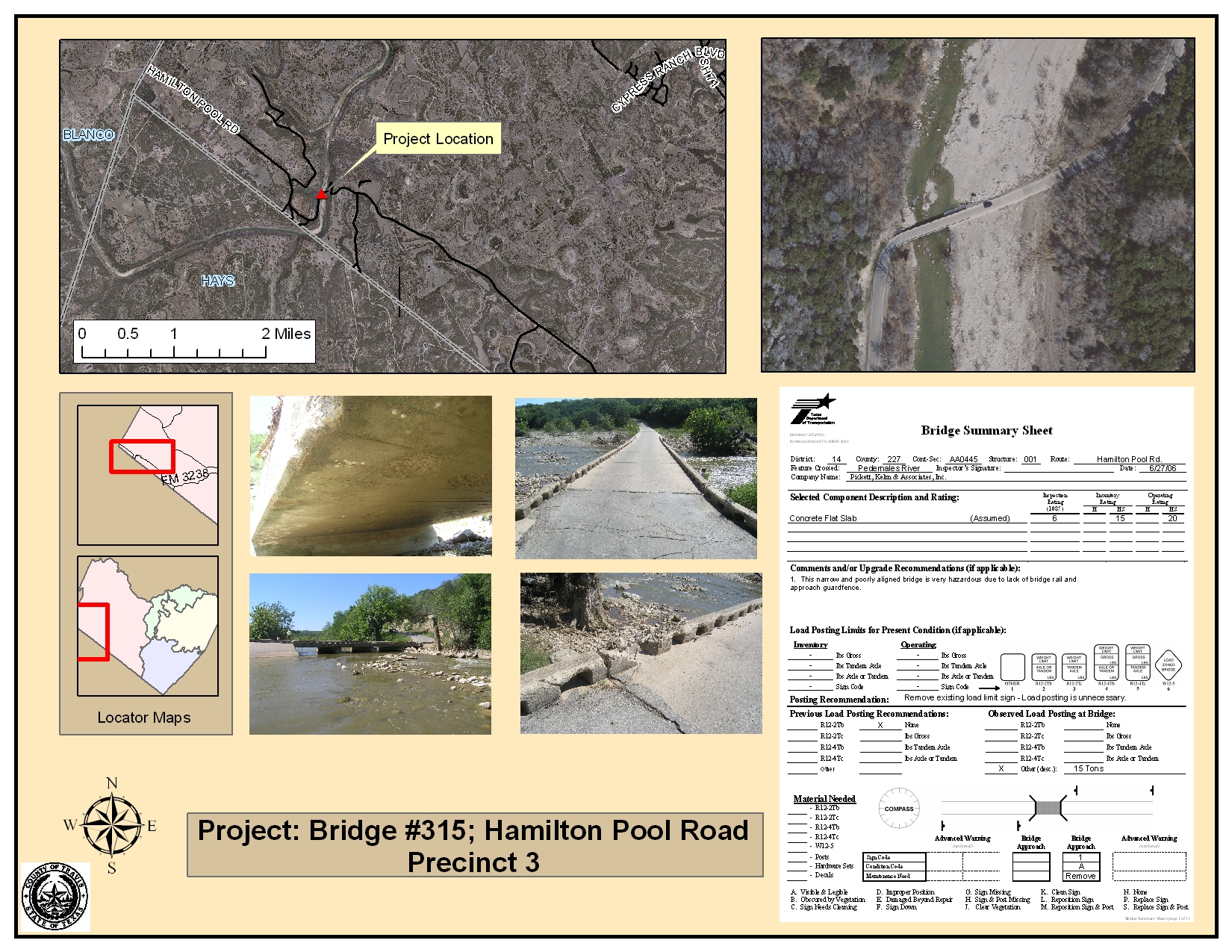 Bridge #315; Hamilton Pool Road summary sheet, map, photos